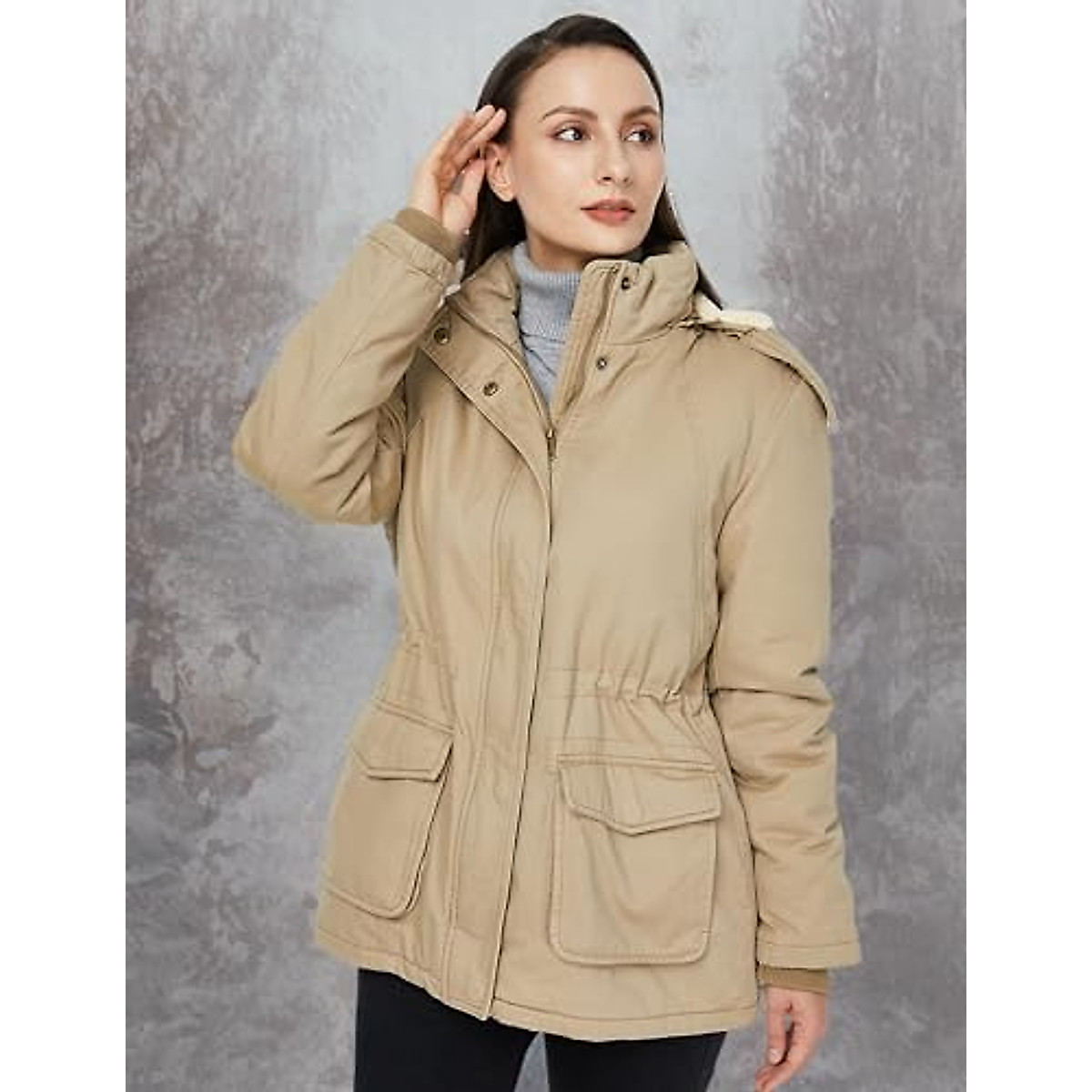 WenVen Women's Warm Heavy Quilted Winter Sherpa Coat with Hood (Khaki-2, XL)
