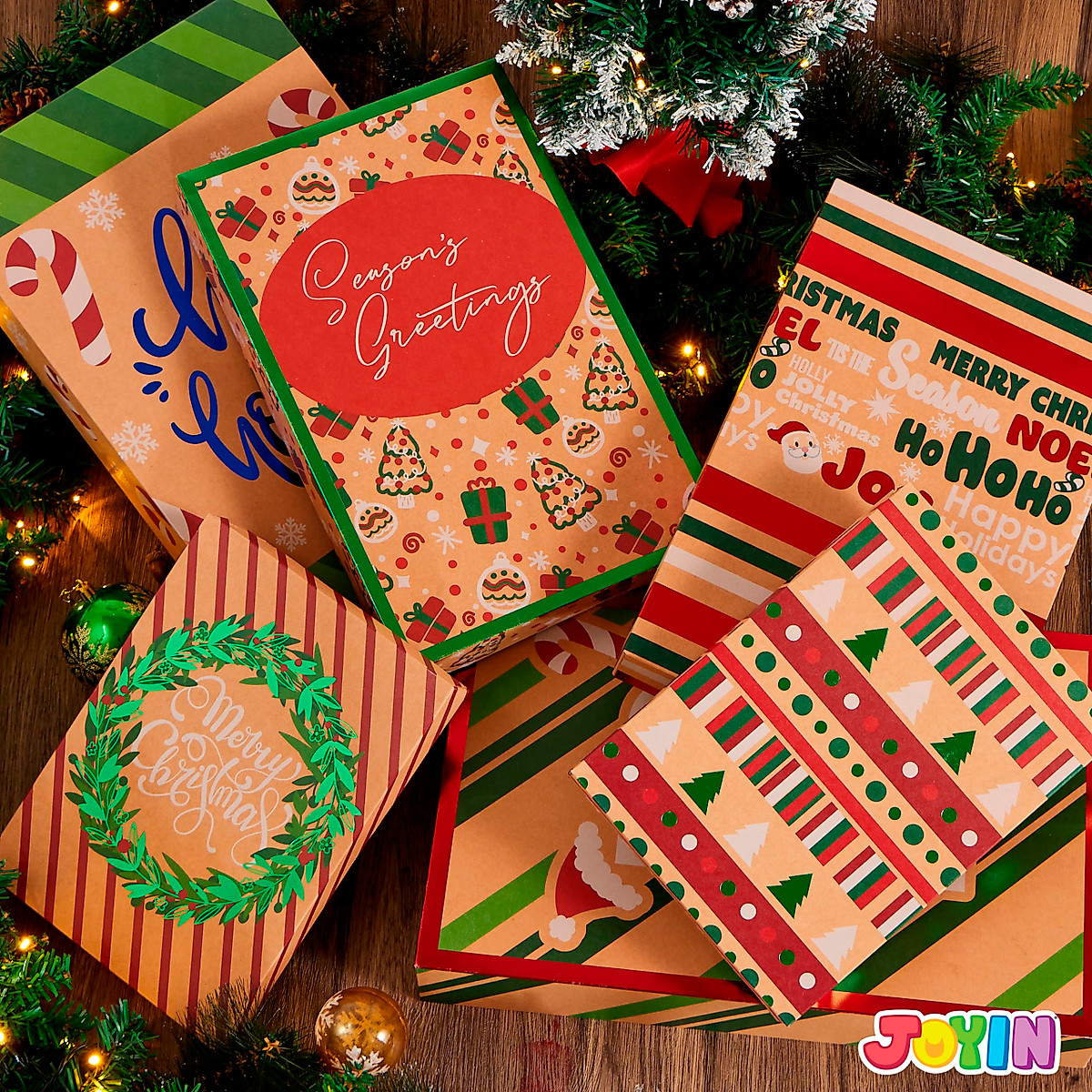 JOYIN 12 Pcs Christmas Aluminum Foil Kraft Paper Gift 3 sizes Boxes with Base, Xmas Shirt Wrap Box, Holiday Present Box for Birthday Party Favors Decorations Gift-Giving, 12 Design