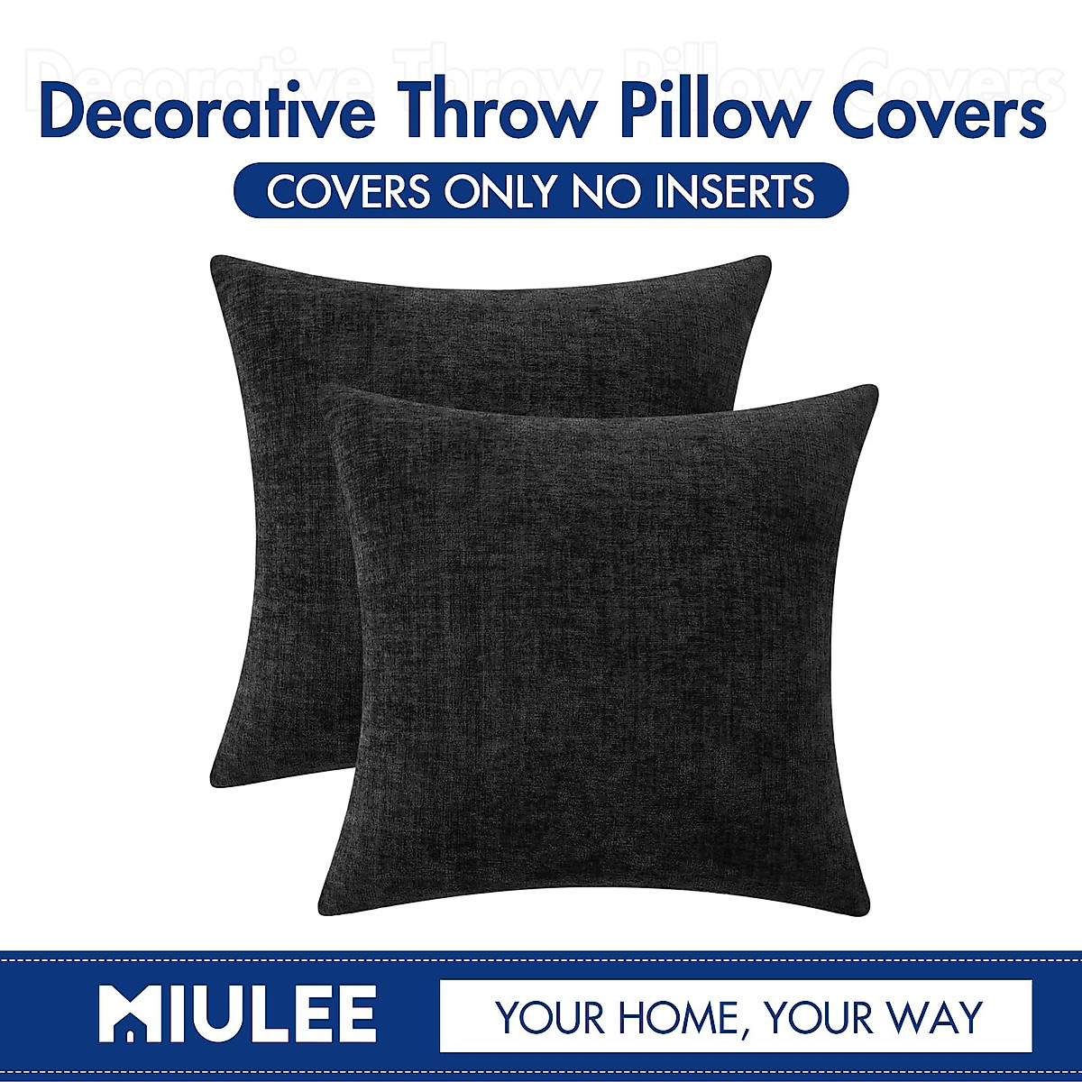 MIULEE Halloween Pack of 2 Couch Throw Pillow Covers 20x20 Inch Soft Black Chenille Pillow Covers for Sofa Living Room Solid Dyed Pillow Cases