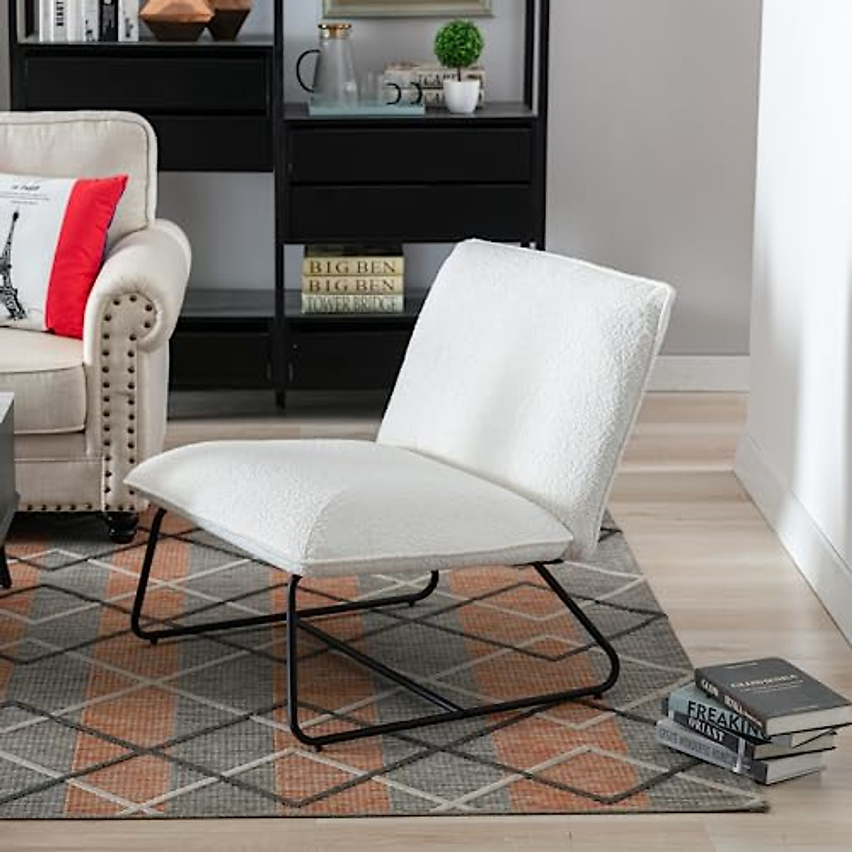 Ya-Home Modern Accent Chair, Upholstered Armless Living Room Chair Lounge Chair Sherpa Fabric with Black Metal Legs Guest Chair for Bedroom Reception Room, White