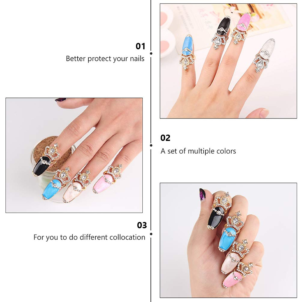 Beaupretty 4 Pcs Finger Nail Rings, Luxury Crystal Rhinestone Fingernails Ring Fashion Crown Knuckle Nail Rings Decoration Tip for Women