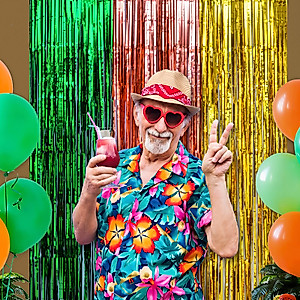 LOLStar Hawaiian Luau Party Decorations, 2 Packs of 3.3x6.6 ft Green Brown and Yellow Foil Fringe Curtains Tinsel Photo Booth Props, Streamer Backdrop for Hawaiian Tropical Party Decorations