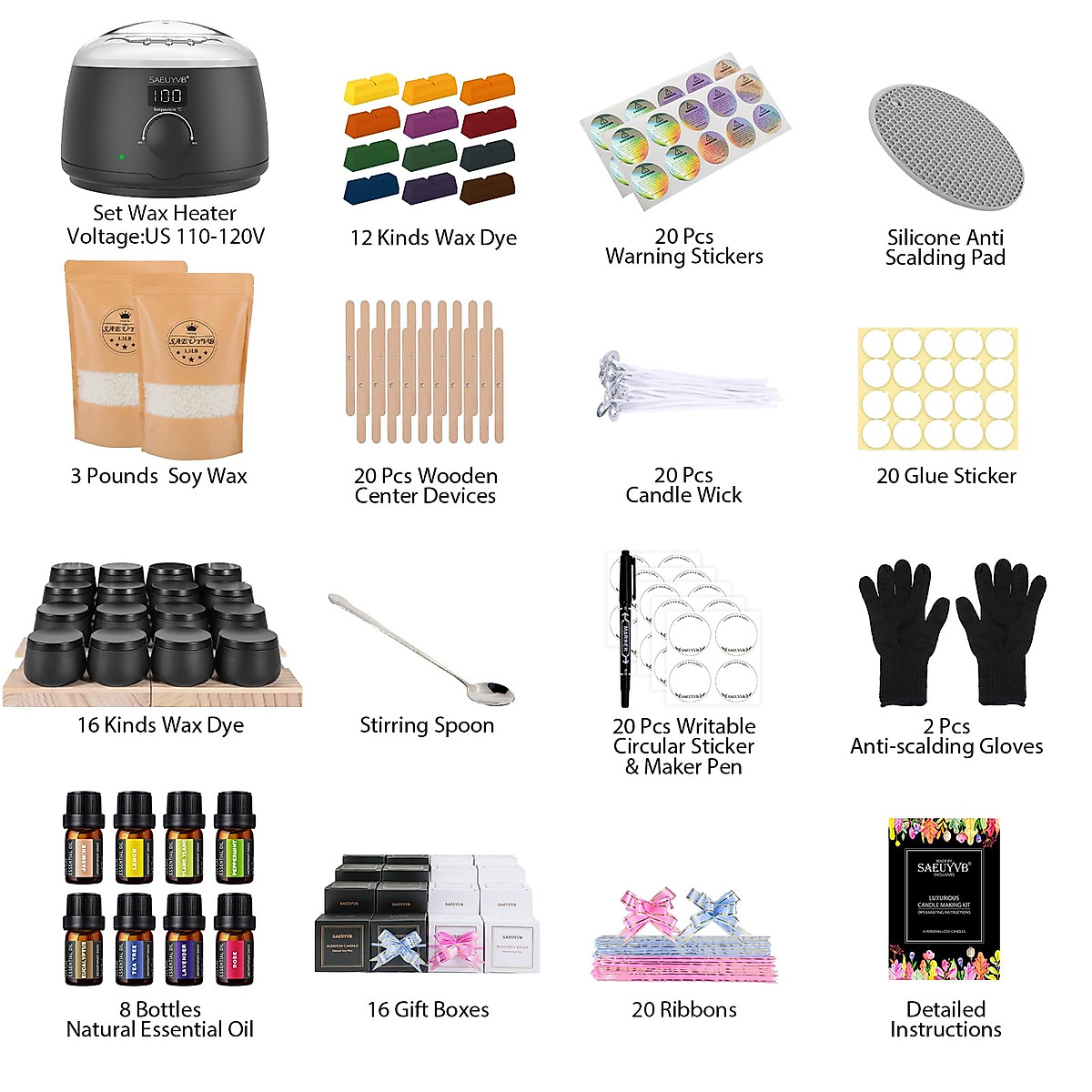 SAEUYVB Candle Making Kit,Candle Making Kit for Adults,Candle Making Kit with Hot Plate,Candle Making Supplies - DIY Starter Soy Candle Making Kit - Perfect as Home Decorations