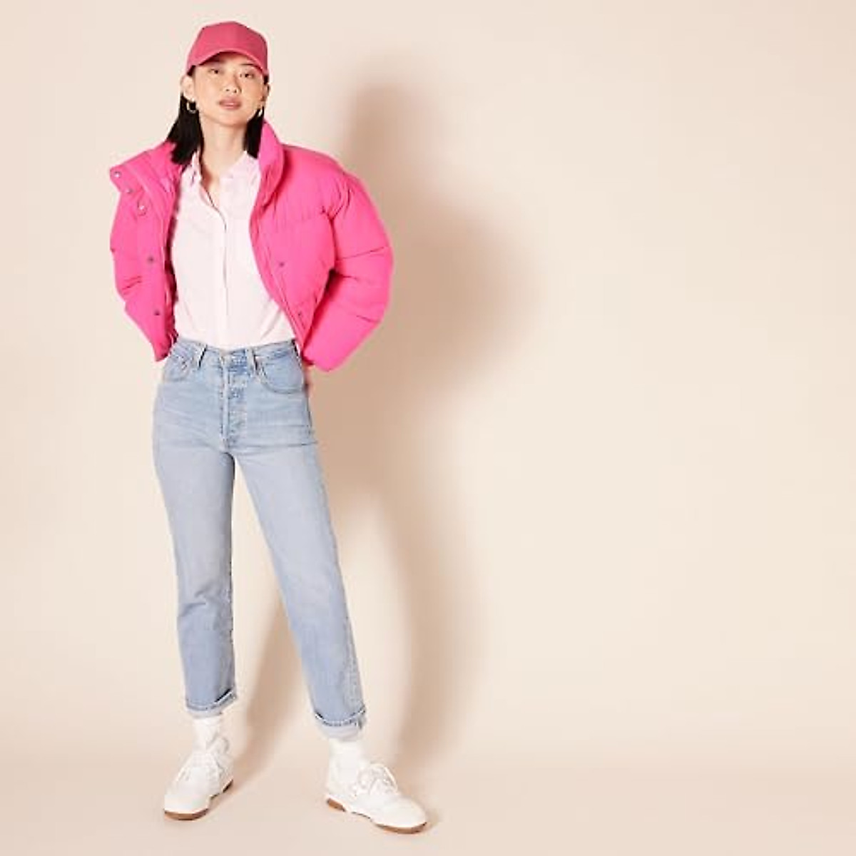 Amazon Essentials Women's Classic-Fit Long-Sleeve Button-Down Poplin Shirt, Pink Stripe, Large