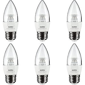 Sunlite LED B13 Torpedo Decorative Chandelier Light Bulb, 7 Watts (60W=), 500 Lumens, 120 Volts, Dimmable, E26 Base, Energy Star, 90 CRI, ETL Listed, Torpedo Clear, Title-20, 2700K Soft White, 6 Pack