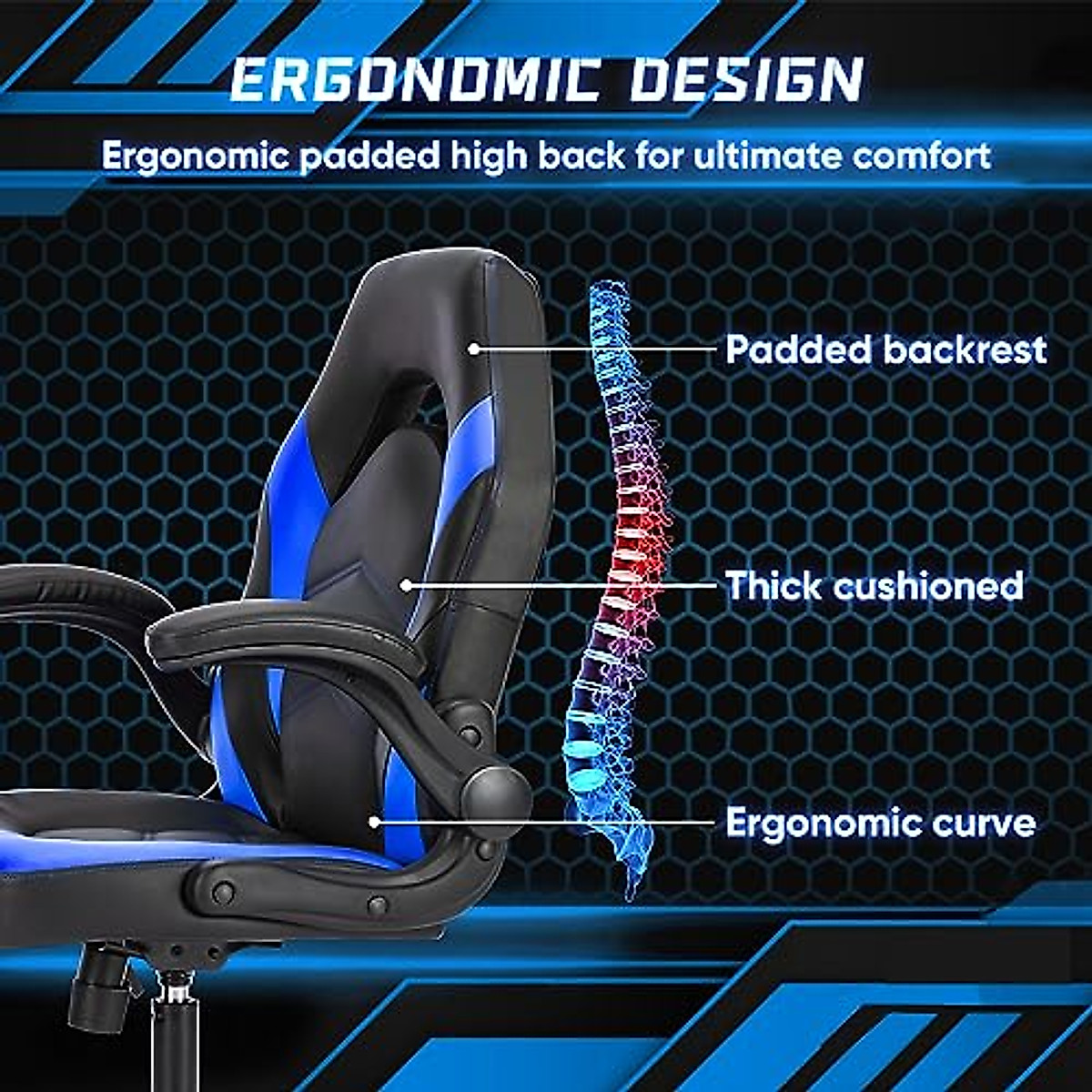 OLIXIS Ergonomic Office Computer Gaming Chair with Lumbar Support Flip-up Arms Adjustable Height PU Leather Swivel with Wheels, 25.98D x 25.39W x 41.73H, Blue