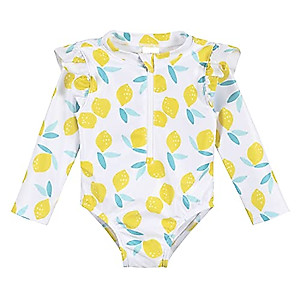 Gerber Girls' Toddler Long Sleeve One Piece Rashguard Swimsuit, White Yellow Lemons, 3T US