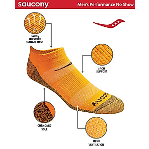 Saucony Men's RunDry Mesh Ventilating Comfort Fit Performance No-Show Socks, Available in M-XXL (6, 12, 18, Yellow Orange Charcoal Assortment (6 Pairs), X-Large