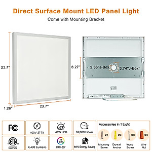 Mcacggo 2x2 FT LED Flat Panel Light Surface Mount Dimmable & 3000K/4000K/5000K in one - 40W 24x24 inch Backlit Flush Mount Ceiling Fixture, Bright 4400LM, 100-277V, ETL Listed, 4-Pack