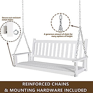 MUPATER Outdoor Patio Hanging Wooden Porch Swing 5FT with Chains, 3-Person Heavy Duty Swing Bench for Garden and Backyard, White