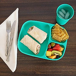 Re-Play Made in USA Large 3 Compartment Plates, Pack of 4 - Reusable Divided Plates for Kids, Dishwasher and Microwave Safe - Durable Lunch Trays for Kids 7.4" x 9.88" x 1.25", Aqua