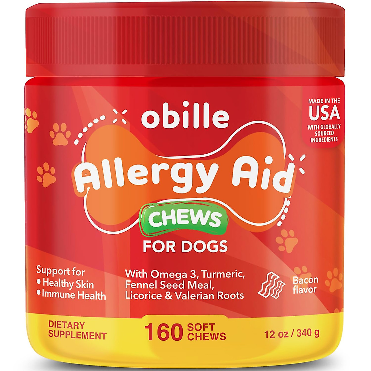 Obille Allergy Aid for Dogs 160 Chews 12 oz – Relieves Itchy Skin, Healthy Coat, Safe Natural Ingredients, Antioxidant Immunity Booster with Omega3 & Turmeric