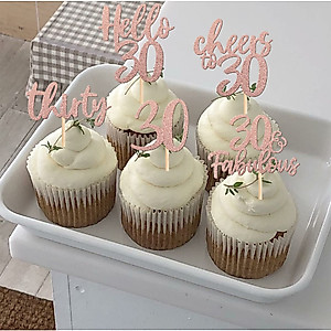 30PCS 30th Birthday Cupcake Toppers Glitter Thirty Hello 30 Cupcake Picks Cheers to 30 Fabulous Cake Decoration for Happy 30th Birthday Wedding Anniversary Party Decorations Supplies Rose Gold
