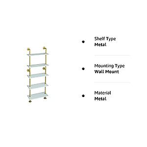 HEONITURE 5 Shelf Modern Gold Bookshelf, Wall Mount White Bookcase, Ladder Shelf with Metal Frame, Display Shelf Shelves for Living Room/Home/Office