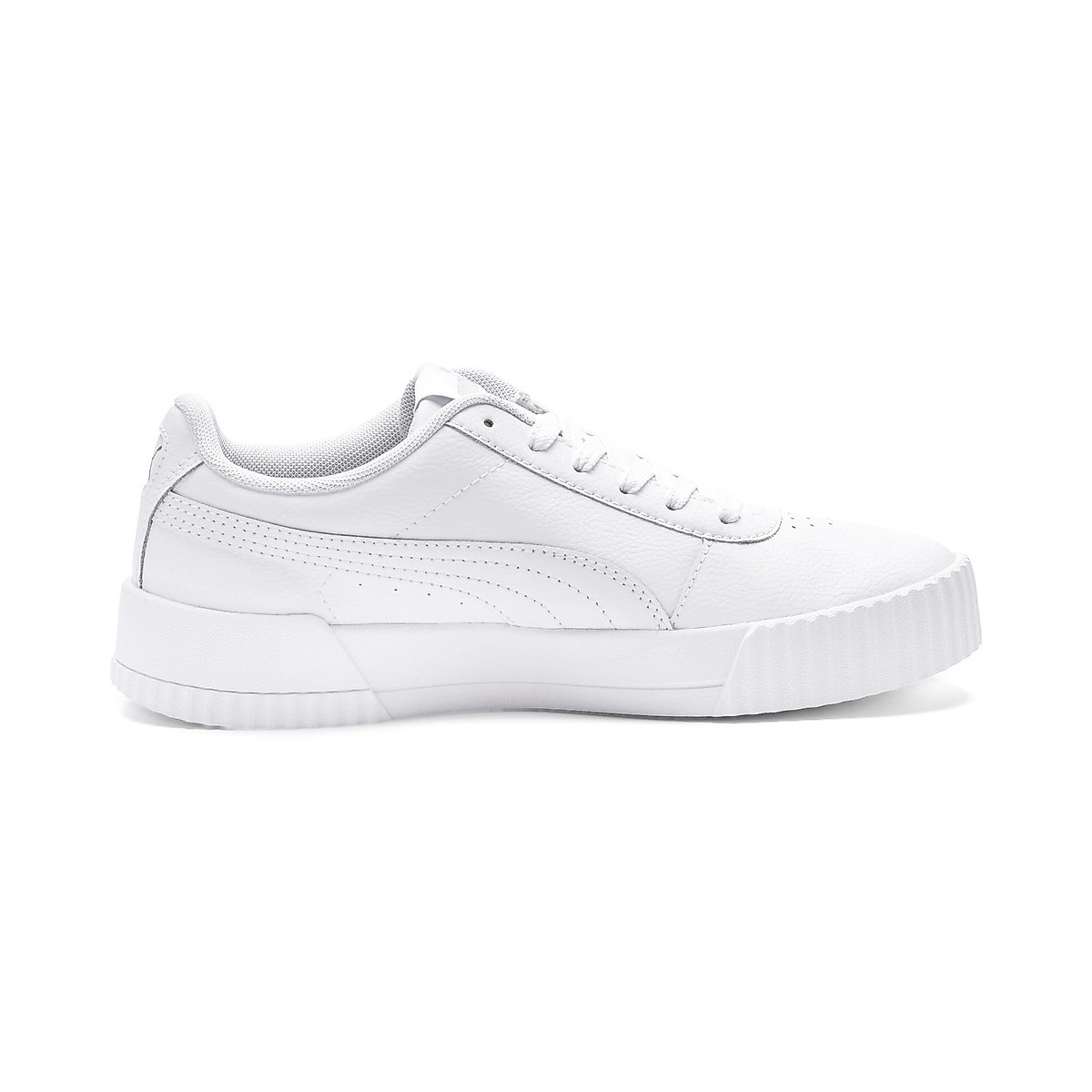 PUMA Womens Carina Leather Sneaker, PUMA Womens White-PUMA Womens White-PUMA Womens Silver, 9.5