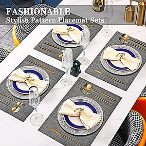 BETEAM Placemats Set of 6, Woven Vinyl Placemats, Washable & Durable Table Placemats, Indoor/Outdoor Use Table Mats, Grey
