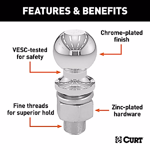 CURT 40072 Chrome Trailer Hitch Ball, 3,500 lbs, 1-7/8-Inch Diameter, 1 x 3-Inch Shank