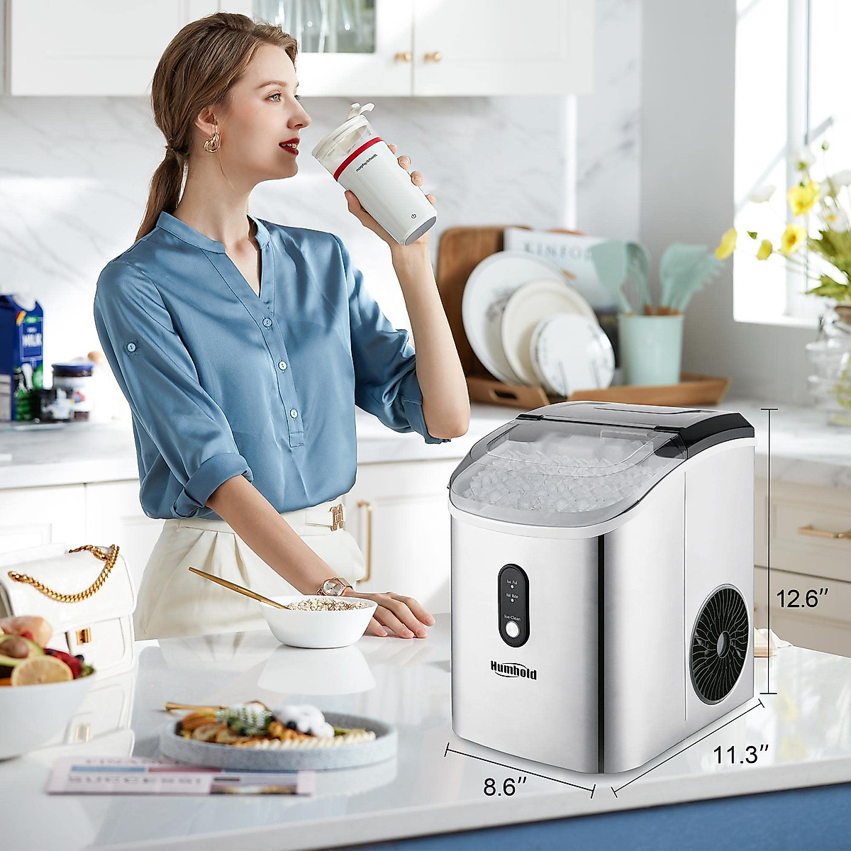 HUMHOLD Nugget Ice Maker Countertop, 33Lbs Chewable Pebble Ice Per Day, Auto Self Cleaning, Crunchy Pellet Ice Cubes Maker Machine, Portable Compact Design for RV/Home/Kitchen/Office