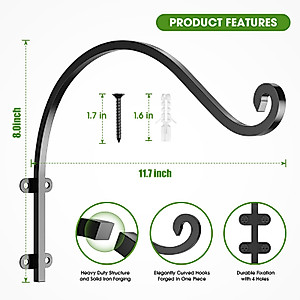 EPHECH 6Pack Heavy Duty Hanging Plant Hanger Hook for Outdoor and Indoor, 12Inch Wall Hanging Basket Bracket, Black Metal Outdoor Hanging Bracket for Hanging Flower Pot Bird Feeder Lanterns