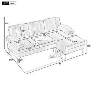 ACQCA 110" L-Shaped Convertible Sectional Sofa with Removable Ottoman and 4 Back Cushions,Velvet Upholstered Couch with Storage Pockets and Nailhead Decorated Armrest, Sturdy Metal Legs, Light Grey1
