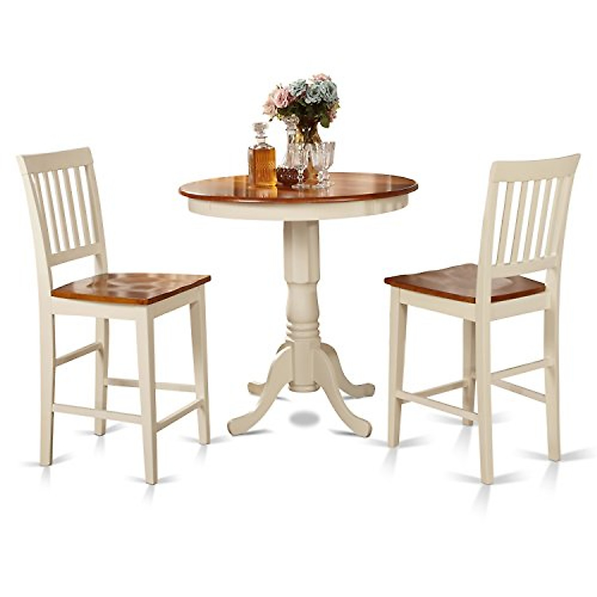 East West Furniture JAVN3-WHI-W 3 Piece Counter Height Dining Set for Small Spaces Contains a Round Dining Room Table with Pedestal and 2 Wooden Seat Chairs, 36x36 Inch, Buttermilk & Cherry