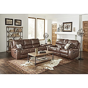 Roundhill Furniture Achern Brown Leather-Air Nailhead Manual Reclining Loveseat with Storage Console