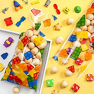 100 Pcs Building Block Cellophane Treat Bags, Color Bricks Theme Building Block Candy Goodie Bags Plastic Party Favor Bags with 100 Silver Twist Ties for Birthday Party Supplies (Clear Background)