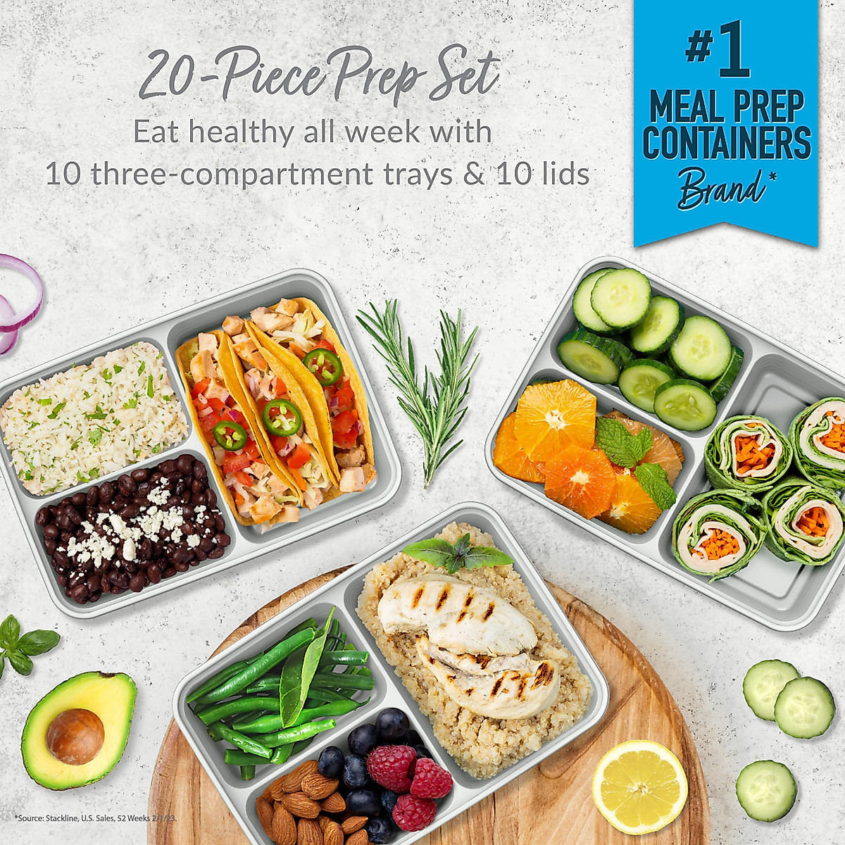 Bentgo® Prep 3-Compartment Containers - 20-Piece Meal Prep Kit with 10 Trays & 10 Custom-Fit Lids - Durable Microwave, Freezer, Dishwasher Safe Reusable BPA-Free Food Storage Containers (Silver)