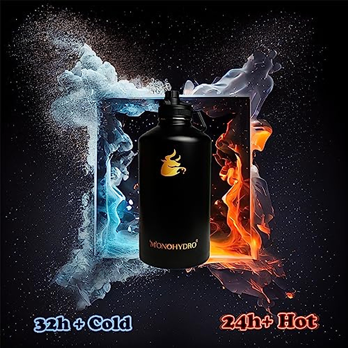 Monohydro 1 gallon Water Bottle, 128 oz Stainless Steel Water Jug double wall Insulated water bottle w lids Leakproof, Paracord Handle, pocket Carrying Pouch -Black