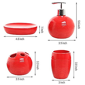MyGift 4 Piece Modern Red Ceramic Bathroom Accessory Set with Ribbed Design, Includes Lotion/Liquid Soap Dispenser Pump, Toothbrush Holder, Tumbler, and Soap Dish