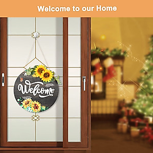 Anpress Welcome Sign for Front Door Round, 12x12inch Sunflower Welcome Sign Farmhouse Porch Decoration Rustic Artificial Sunflower Christmas Decor Wooden Hanging Sign for Home Garden Bedroom