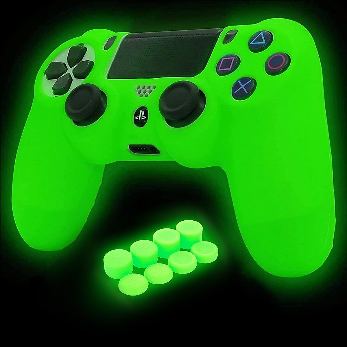HLRAO Green Anti-Slip Glow in The Dark Protective Silicone Cover Skin Grips Compatible with PS4/Slim/Pro Controller with 8 PCS Thumb Grips Caps and 2 Grips Caps Glow in The Dark.