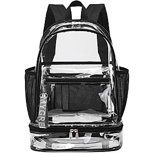mygreen Clear Backpack, Heavy Duty Transparent Backpacks with Separated Shoe Compartment for Adults Reinforced Straps See-Through Bag for School Work Travel Black