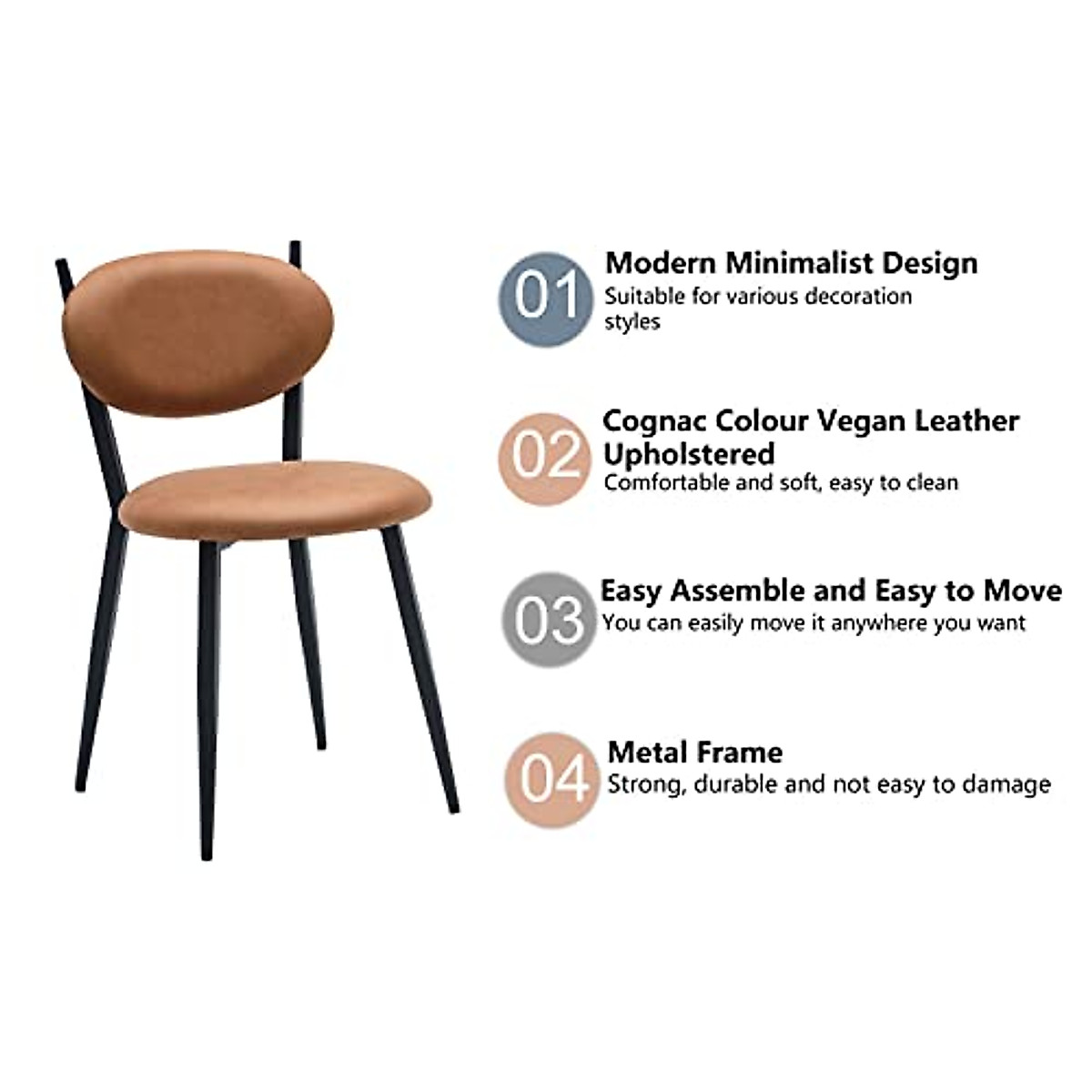ZHNT Cognac Colour Vegan Leather Upholstered Modern Dining Chairs,Metal Legs for Kitchen Dining Room Chair,Bedroom,Living Room Chairs Set of 2 (Brown)