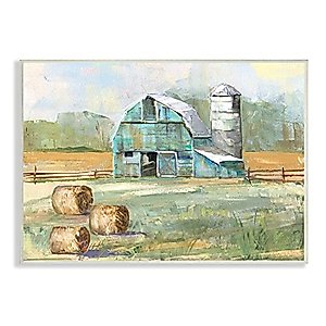 Stupell Industries Contemporary Blue Farm Barn Hay Bails Empty Field, Designed by Sally Swatland Wall Plaque, 15 x 10, Green