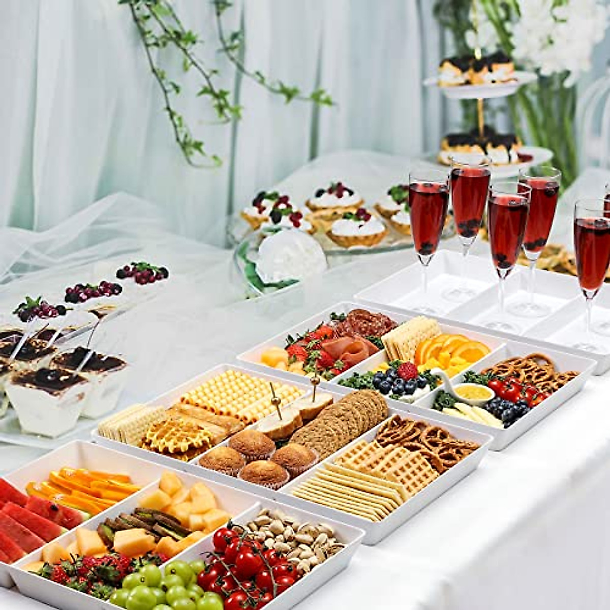 4 Pack, 16" x 11", 3-Section Large White Serving Trays Set - Reusable Plastic Serving Platters for Party Food, Cookie, Appetizer, Charcuterie, Snack, Dessert Display, Stackable Kitchen Dish, BPA Free