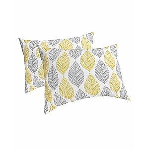 Edwiinsa Yellwo Grey Leaves Pillow Covers Standard Size Set of 2 20x26 Bed Pillow, Summer Tropical Plant Aesthetics Plush Soft Comfort for Hair/Skin Cooling Pillowcases with Envelop Closure