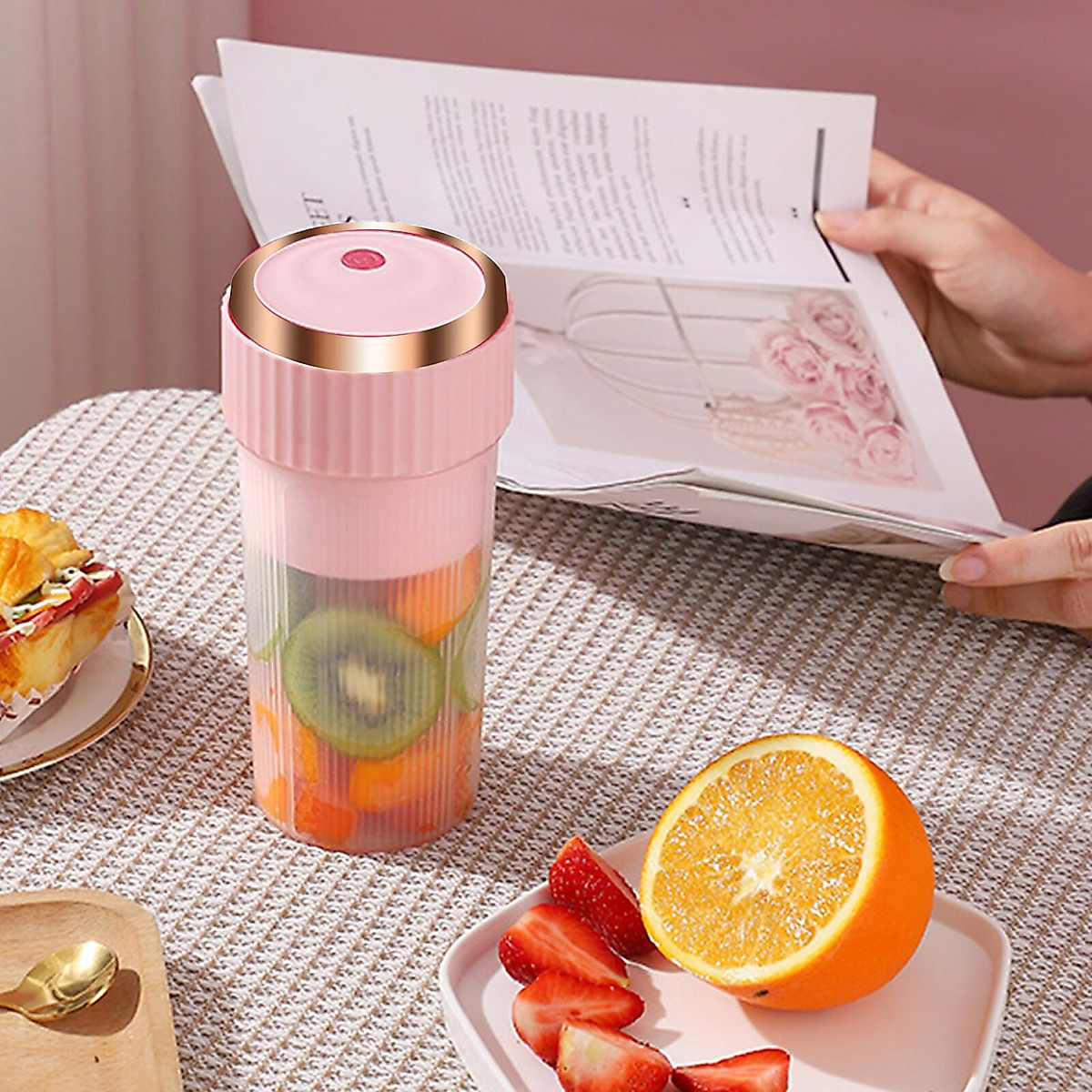 SH-RuiDu Portable Blender, 450ml Personal Size USB Rechargeable Mini Blender Fruit Juicer with 6 Strong Cutting Power Blades for Shakes and Smoothies, Portable Juicer for Home Office Travel Sports