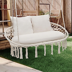 MoNiBloom Double Swing Chair with 3 Cushions for Outside, Large Hanging Macrame Swing Chair for Indoor/Outdoor Relax, Adult Hammock Boho Chair Max 700 lbs Capacity for Porch Balcony Backyard, Beige