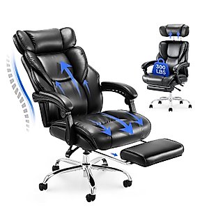 Office Chair with Footrest-Ergonomic Computer Chair with Extra Lumbar Support Pillow, High Back Executive Desk Chair Thick Bonded Leather, Large Home Office Work Chair with Wide Seat for Comfort-Black
