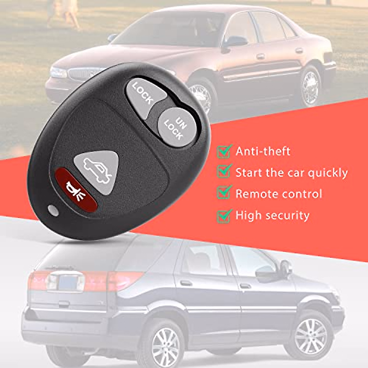 Keyless Entry Remotes Car Key Fob Compatible with Buick Century/Pontiac Aztek 2001 2002 2003 2004 2005 FCCID: L2C0007T 10335582-88, Self-Programming (Pack of 2)