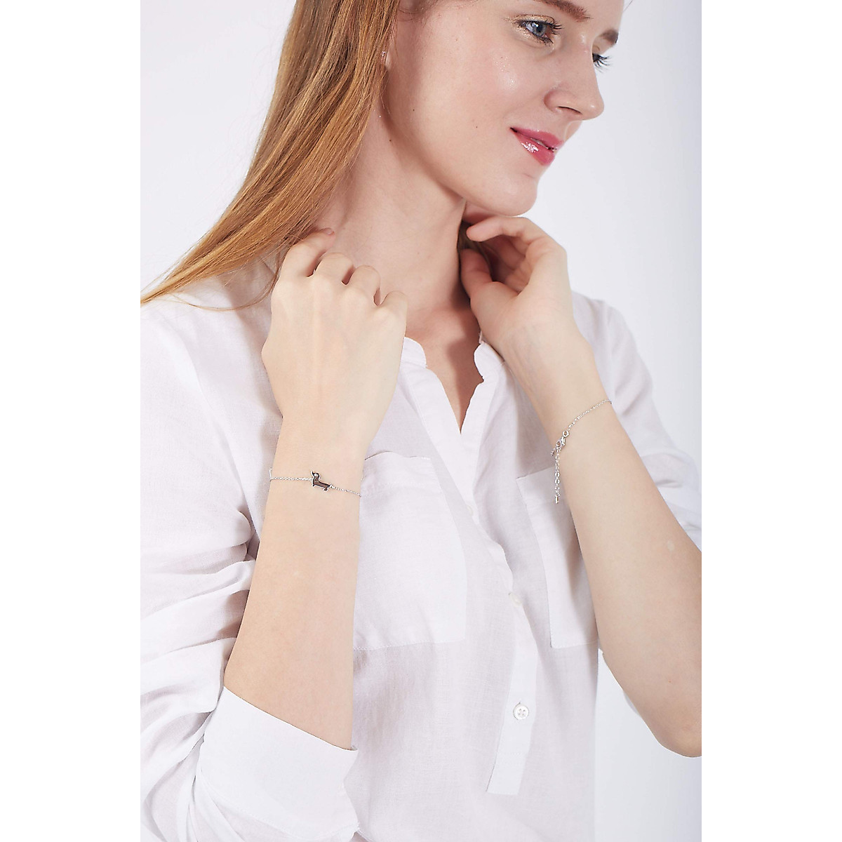 Vivid&Keith Womens Girls 925 Real Sterling Silver 18K Plated Swarovski Zirconia Cute Animal Dog Gift Fashion Jewelry Link Chain Charm Pendant Bangle Bracelet, Dachshund, White Gold Plated