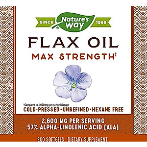 Nature’s Way Flax Oil Max Strength, 2600 mg per Serving, with ALA, Cold-Pressed, 200 Softgels