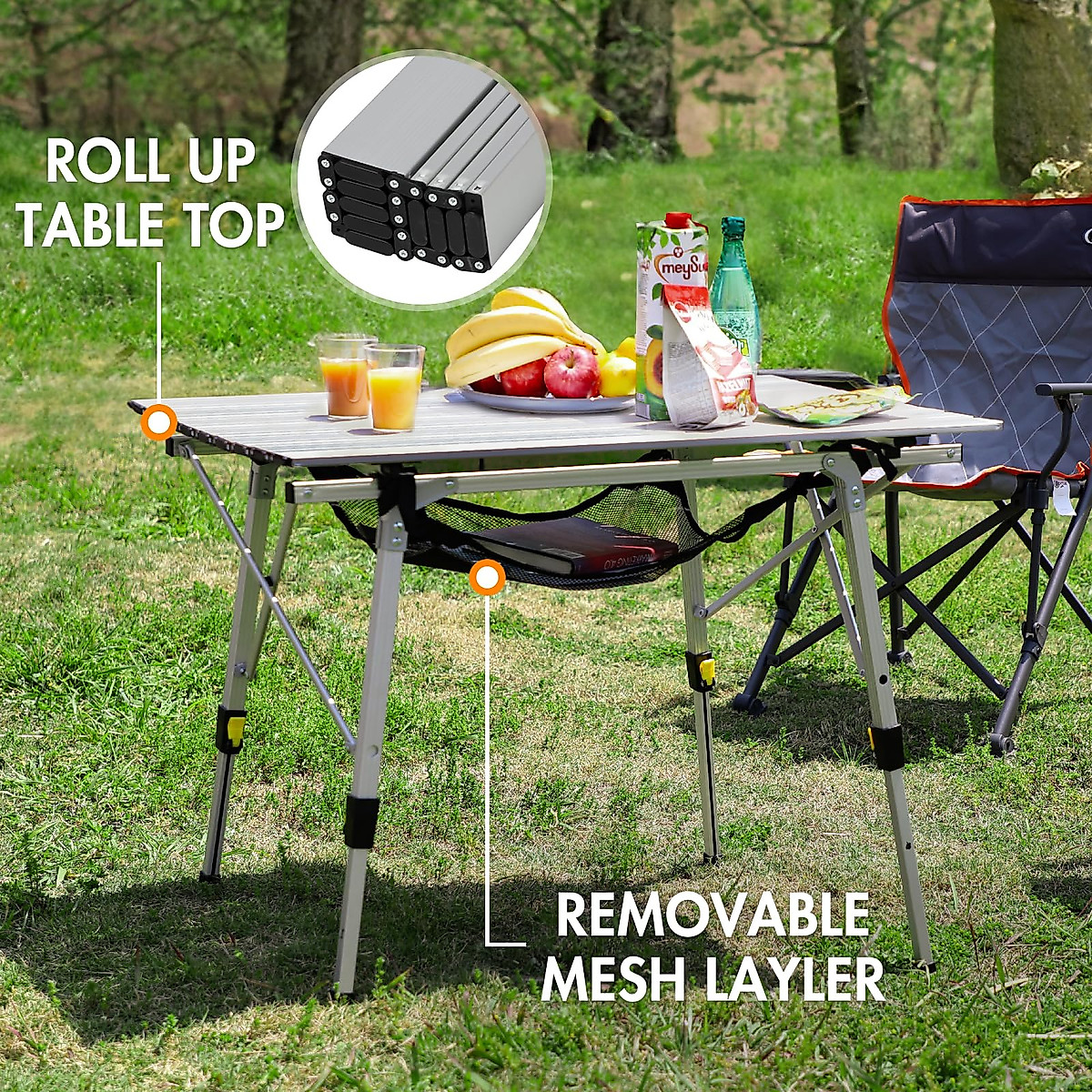 PORTAL Outdoor Folding Portable Picnic Camping Table with Adjustable Height Aluminum Roll Up Table Top Mesh Layer, Silver