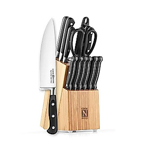Cook N Home Kitchen Knife Set with Bamboo Storage Block 15-Piece, High Carbon Stainless Steel Blade, Black