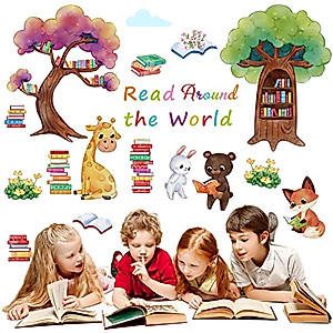 Colorful Inspirational Wall Decals,Reading Animals Wall Stickers Nursery Decor,Cartoon Tree Animal Wall Stickers Peel and Stick,Reading Wall Decal Baby Classroom Kids Room Bedroom Reading Corner Decor