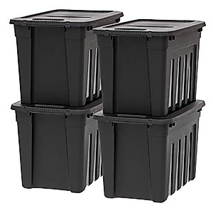 IRIS USA 20 Gallon Utility Totes with Easy-Grip Handles, 4 Pack - Black, Heavy-Duty Durable Stackable Storage Containers, Large Garage Organizing Bins Moving Tubs, Rugged Sturdy Camping Equipment