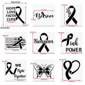 9 Pcs Breast Cancer Raise Awareness Ribbon Stencils, Reusable Stencils Including Believe/Pink Power/Survivor for Painting on Wood Cloth Face Body Survivor Gifts for Breast Cancer Event 6"x6"