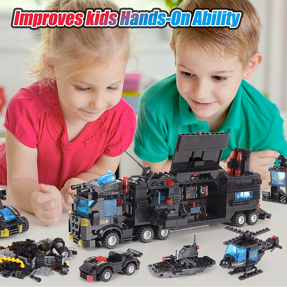 1110 PCS SWAT City Police Station Mobile Command Center Truck Car Building Blocks Set in 25 Different Models Police Cars, Helicopter, Boat, with Storage Box Roleplay Toys Gift for Kids Boys Girls 6-12