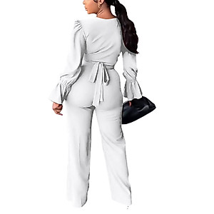 Rooscier Women's 2 Piece Outfits Long Sleeve Top with Pants Sets White Medium
